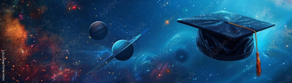 Bring to life a side view of a graduation cap featuring a whimsical ...