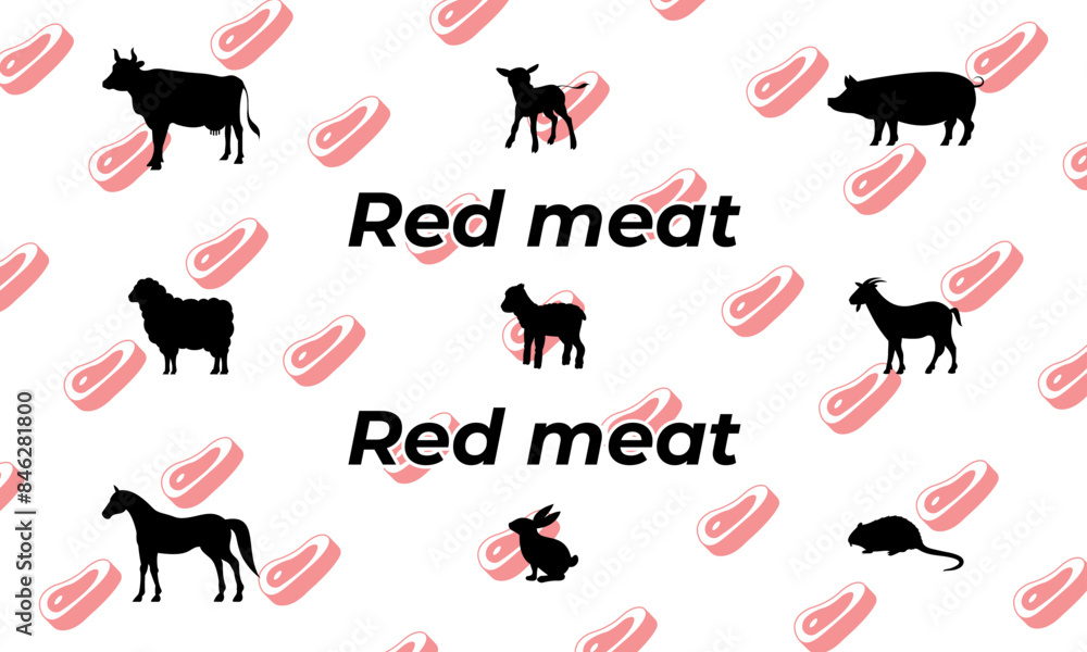 Vector animals. Red meat, solid icons. Cow, calf, pig, sheep, lamb ...