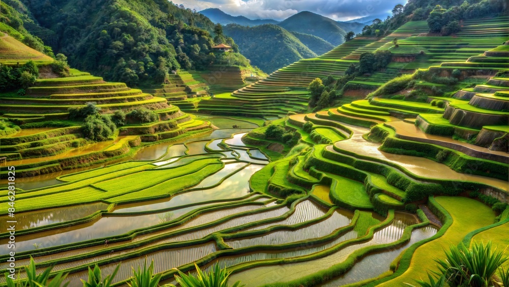 Lush green rice terraces cascade down misty mountains in a vibrant ...