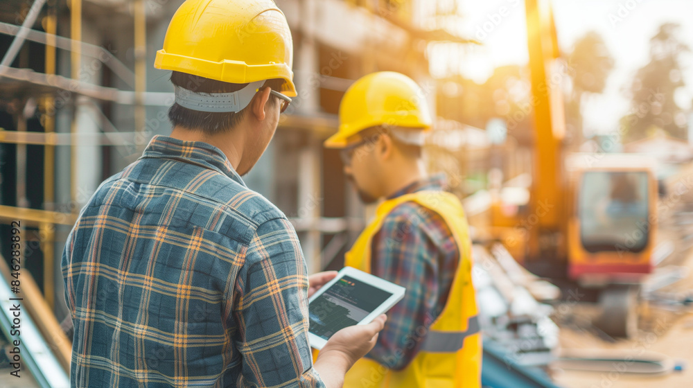 "Structural engineer and foreman worker using a touch pad to discuss ...