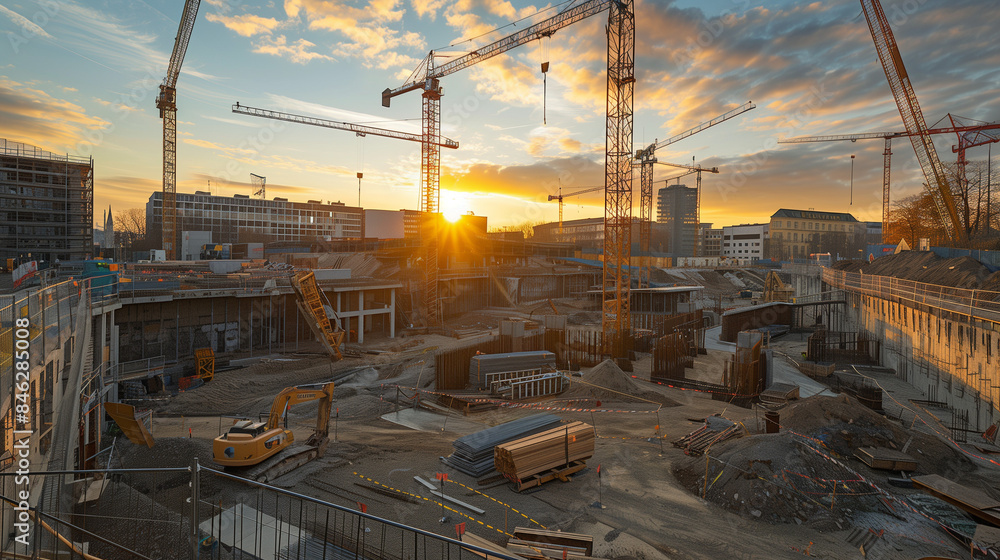 Panorama view of workers on large construction sites with many cranes ...