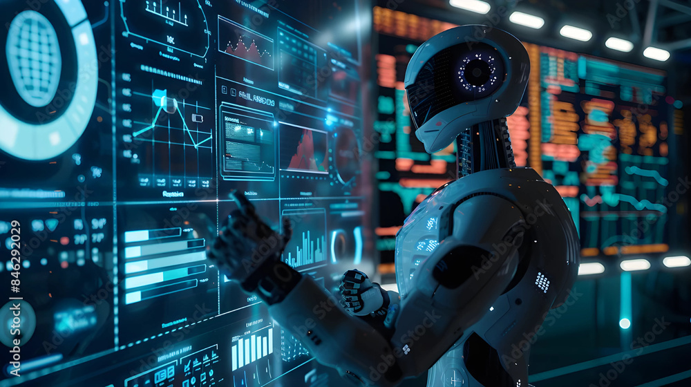 A humanoid robot interacts with futuristic digital interfaces ...