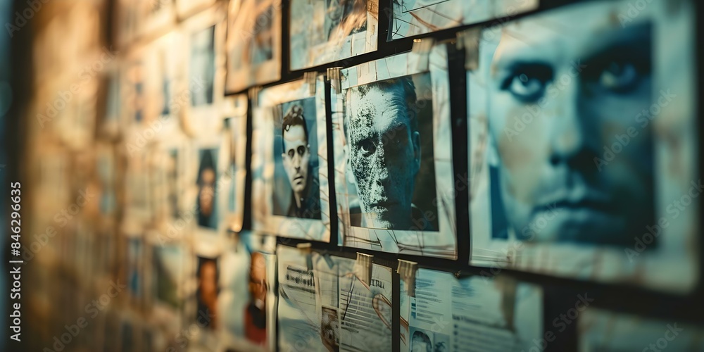 Wall adorned with crime scene photos, suspect profiles, and ...