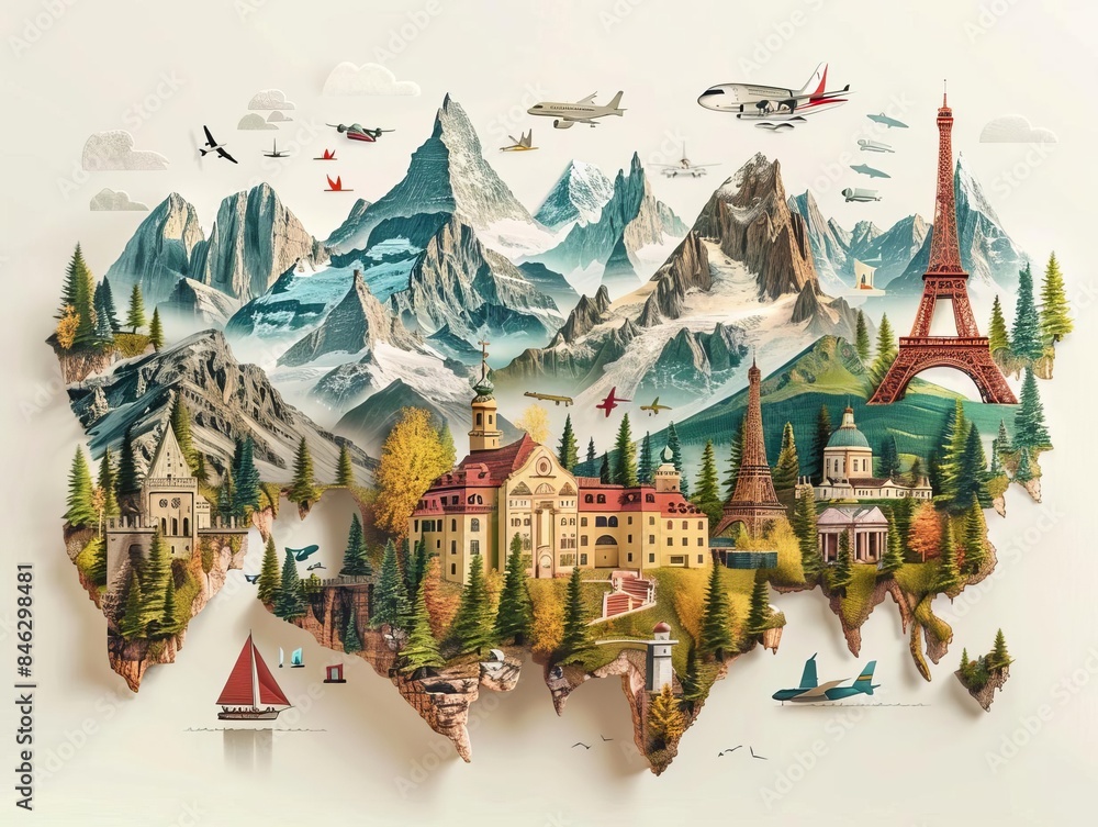 A collage of destination design elements in a panoramic layout Focus on ...