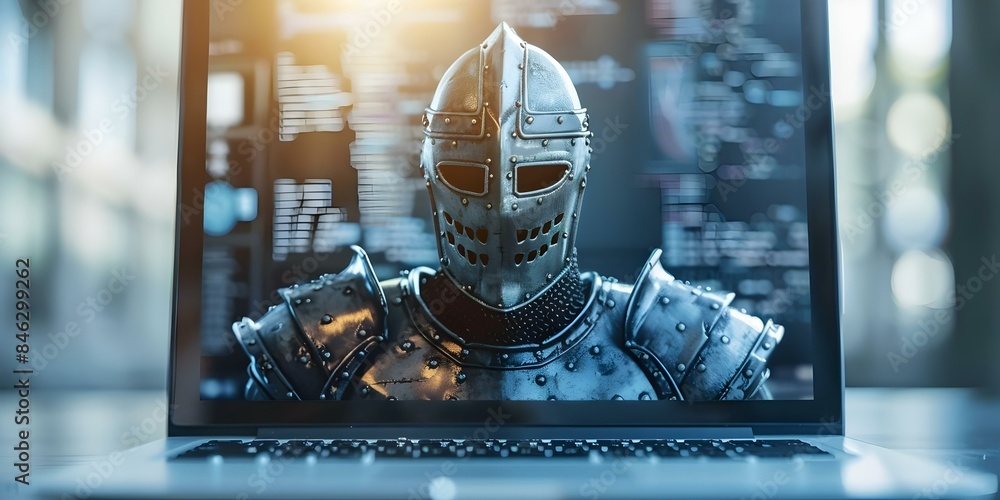 Medieval knight emerges from laptop screen A symbol of cyber security ...