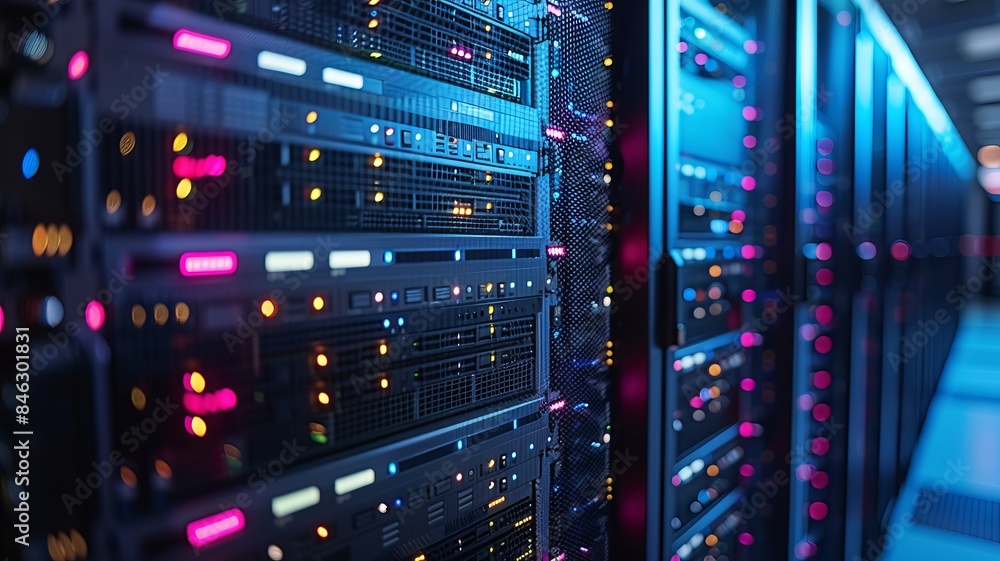Close-up of a modern data center server room with colorful LED lights ...