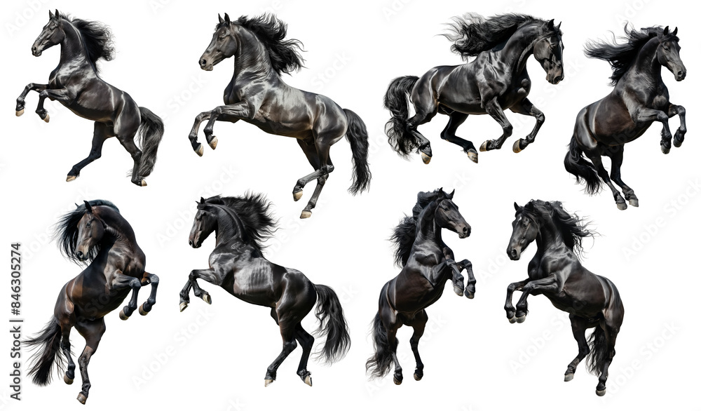 Set of different jumping and rearing black horses, dynamic pose ...