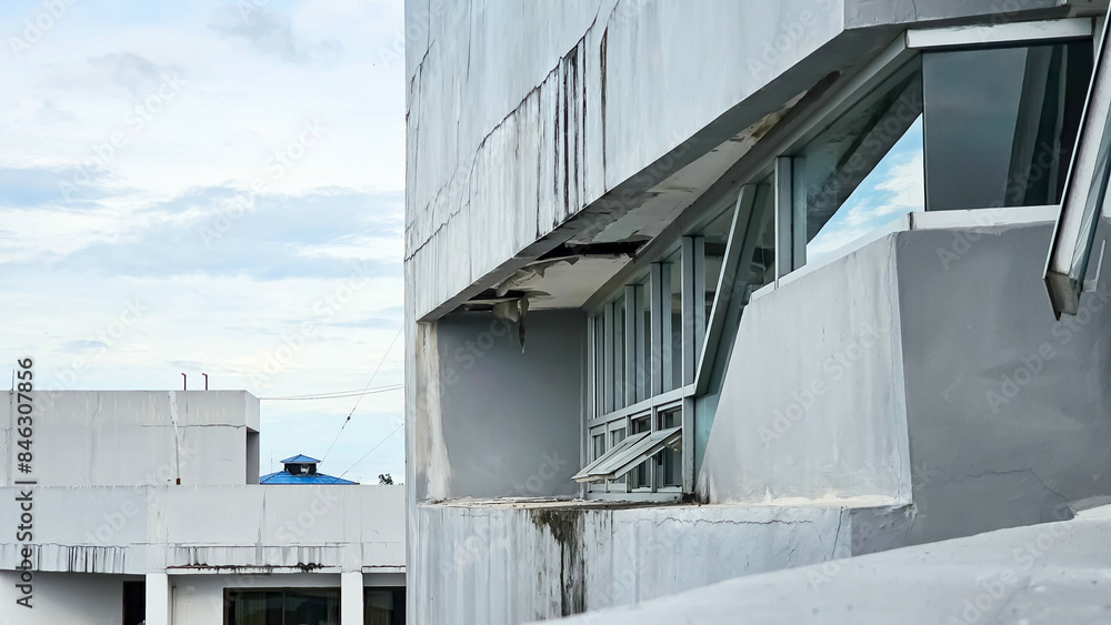 Old building facade, run down house exterior, Ceilings damaged by ...