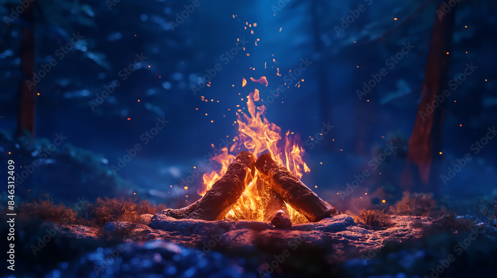 Enchanting Nighttime Campfire in a Mystical Forest with Glowing Embers ...
