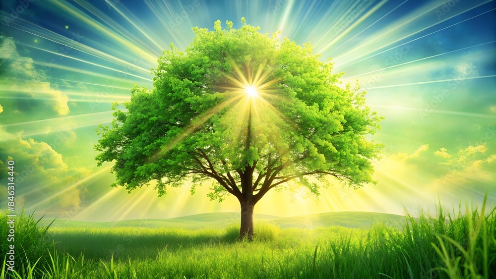 Spring-Summer Panorama with Green Tree, Sunlight, and Sun Rays. Perfect ...