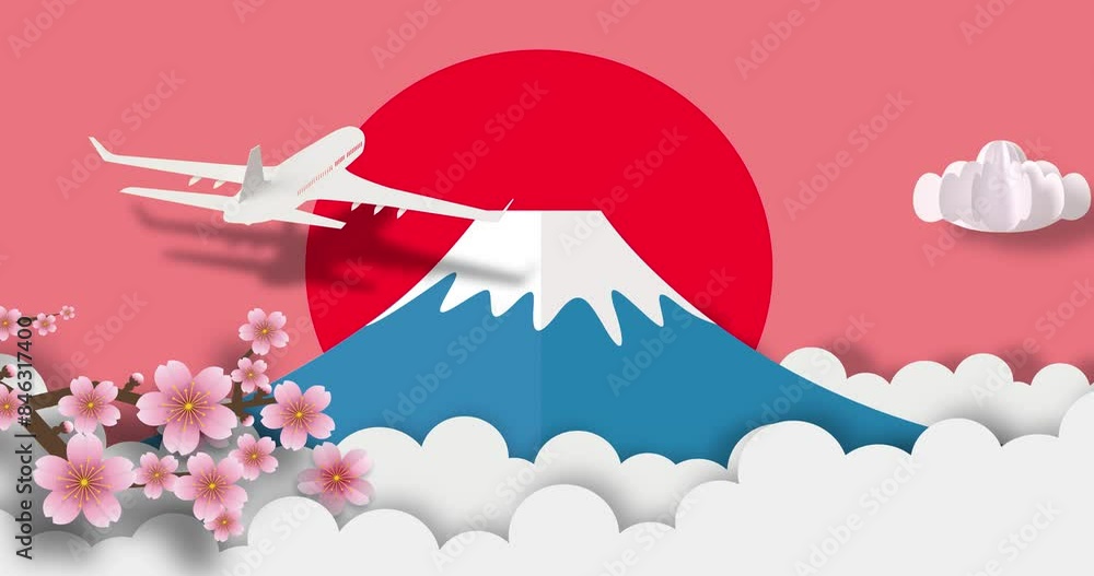 A montage featuring iconic symbols of Japan against a pink background ...