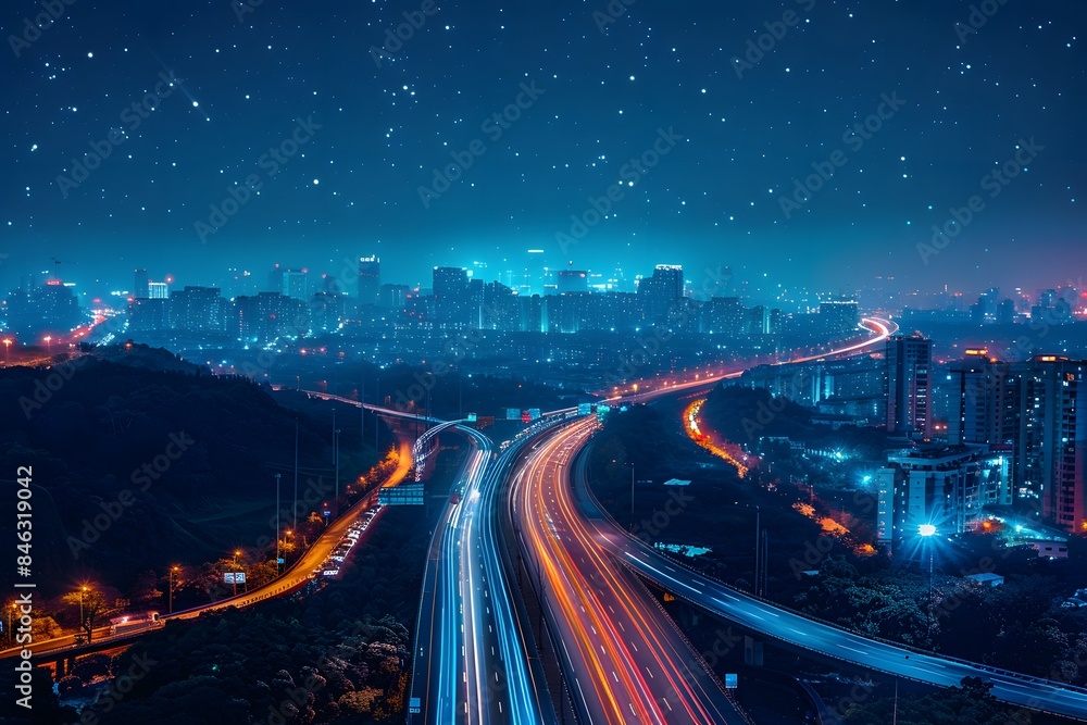 Top view of the expressway at night Take photos using the long exposure ...