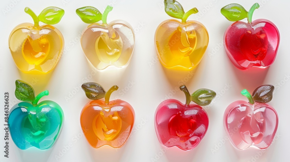 Top view of diverse flavored apple-shaped jelly fruit snacks, bright ...