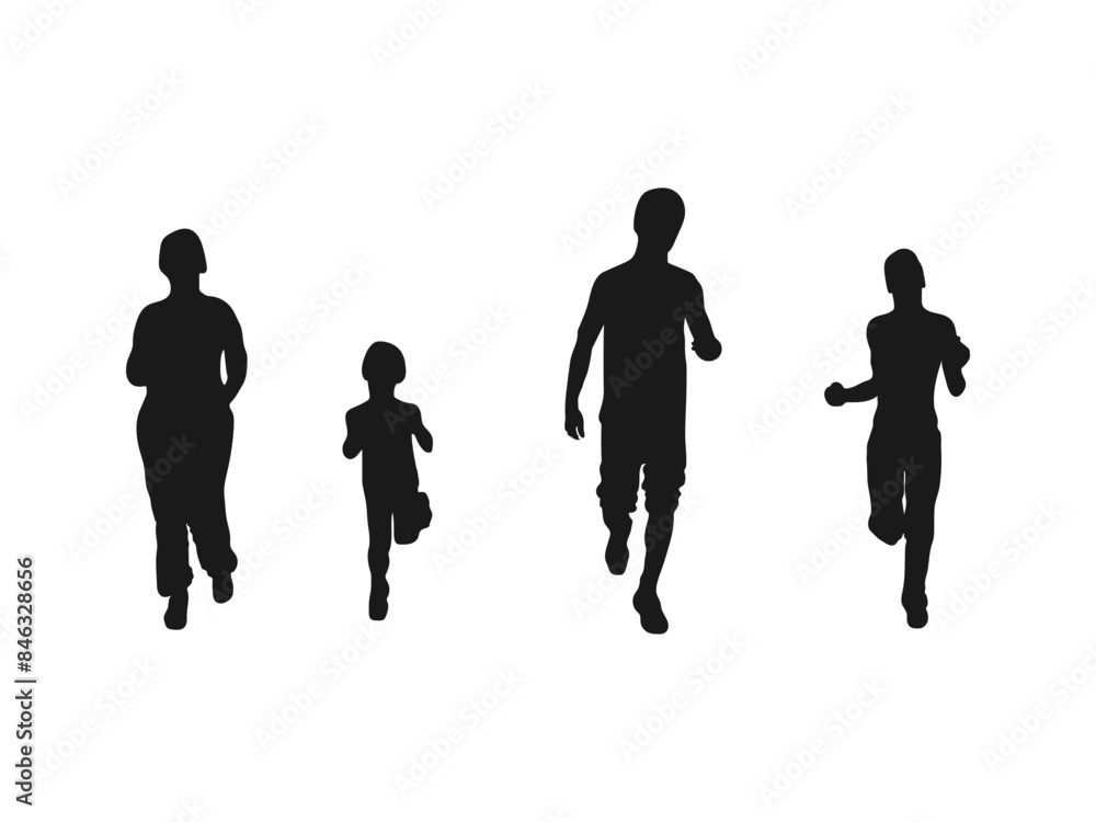 Family Jogging Against silhouettes vector. Family running silhouette ...