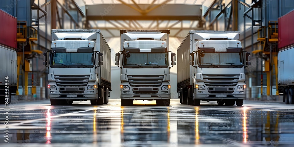 Delivery trucks ready for dispatch at distribution center for ...