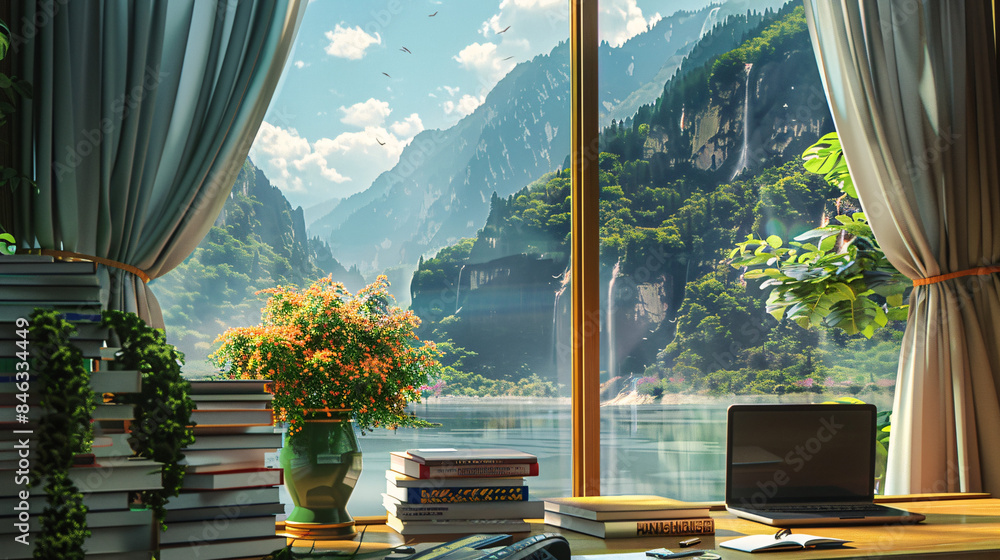 Beautiful anime-style workspace with a large window overlooking a lake ...