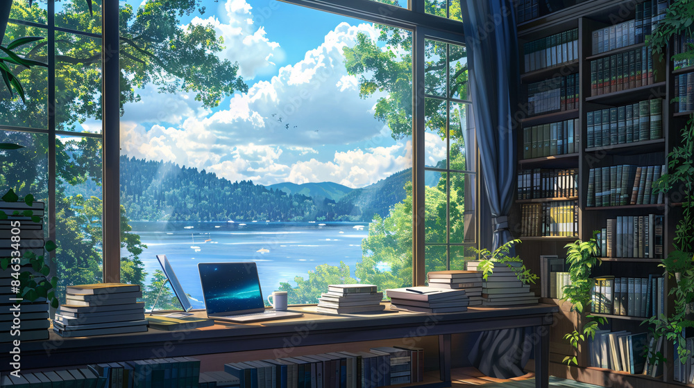 Anime-style wallpaper depicting an aesthetic workspace with a large ...