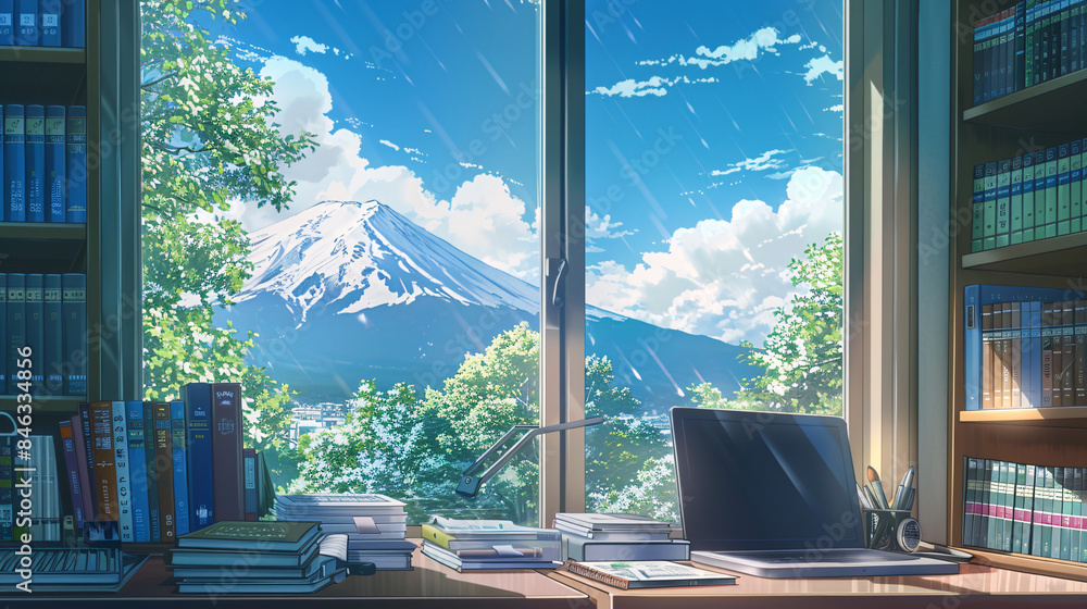 Anime-style background wallpaper of an aesthetic workspace with a large ...