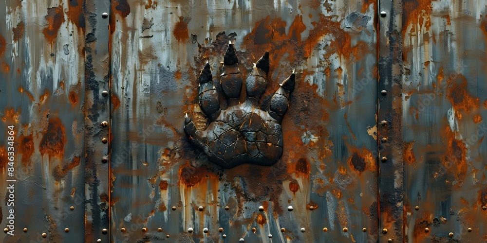 3D claw marks on metal wall resembling wild animal attacks. Concept 3D ...