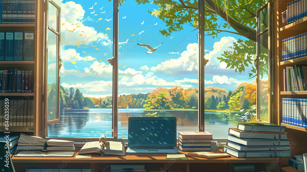 Aesthetic workspace in anime style, showcasing a large window with a ...