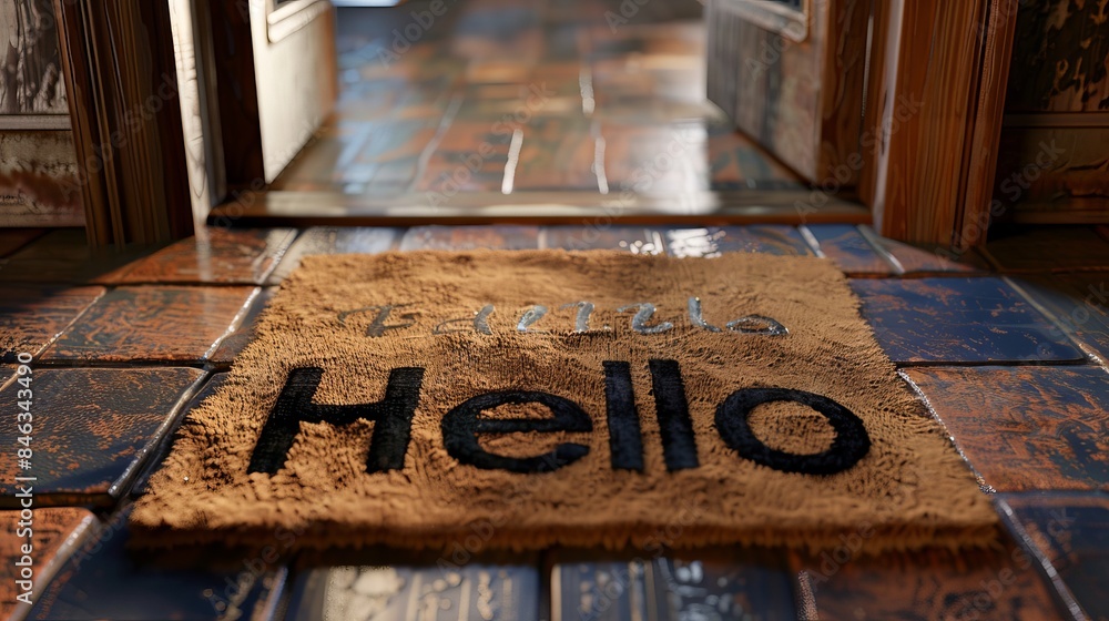 "Stock photo featuring a welcome mat by a front door, with the word ...