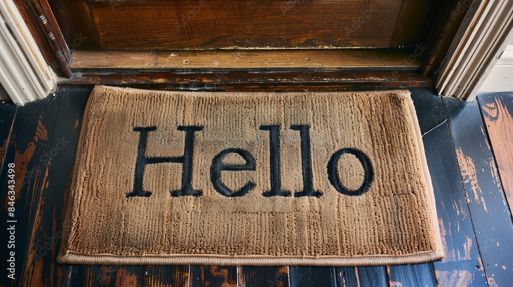 "Stock photo featuring a welcome mat by a front door, with the word ...