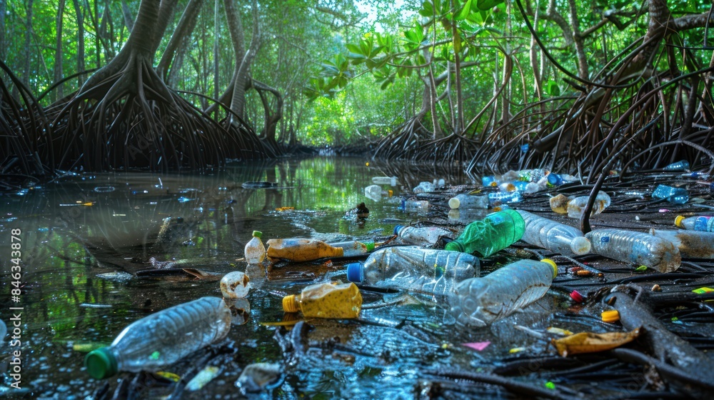 Plastic Waste in Mangrove Forests: Capture plastic bottles and bags trapped among the roots of ...