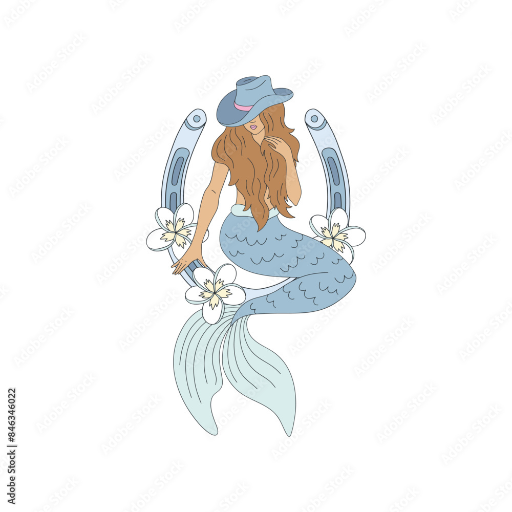 Cowgirl mermaid sitting on horseshoe vector illustration. Coastal ...
