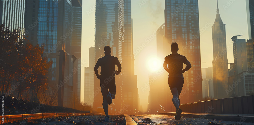 Two men running in the city, one is thin and tall wearing black , the ...