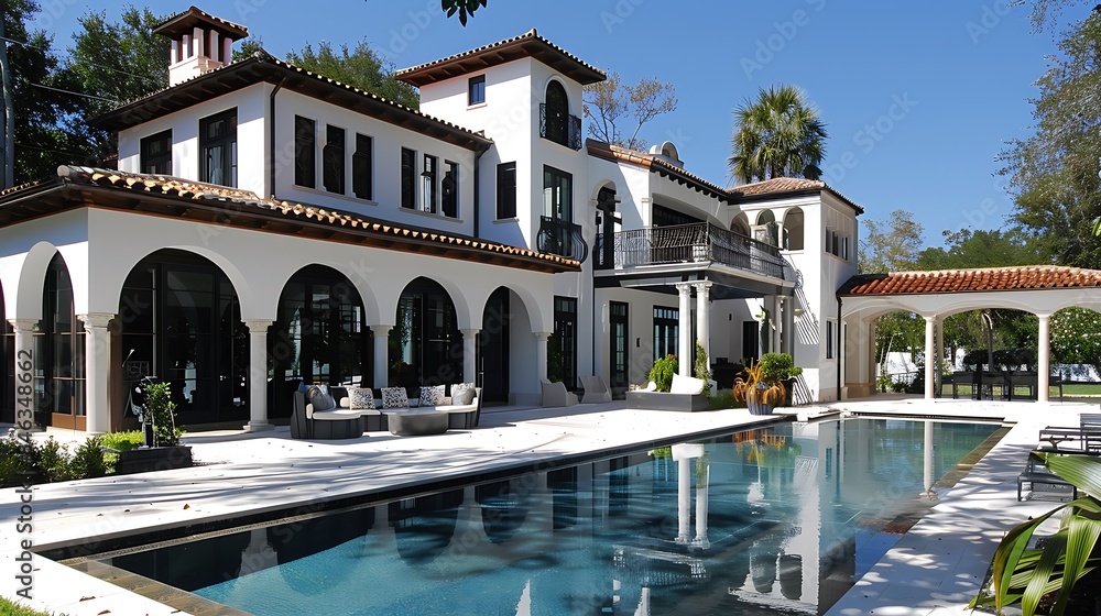 A Spanish colonial mansion with sleek steel beams protruding from its ...