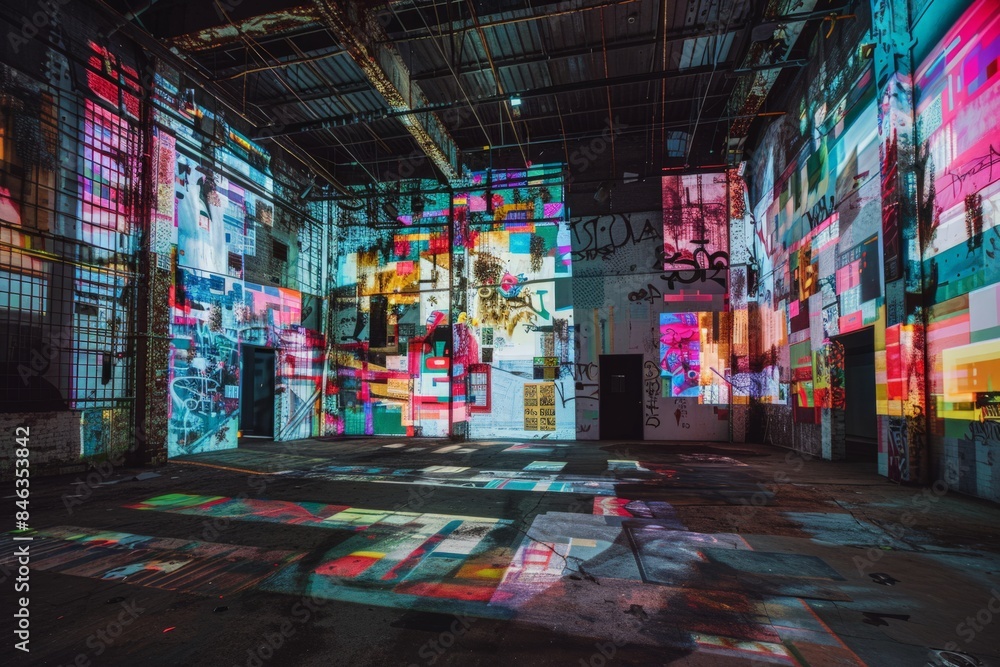 Vivid digital projections illuminating an industrial building, creating ...