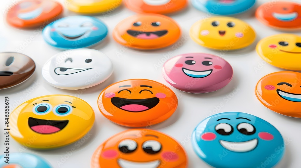 Colorful smiley face buttons in rows, showing various emotions on a ...