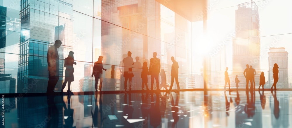 Corporate professionals collaborating in a modern office with cityscape ...