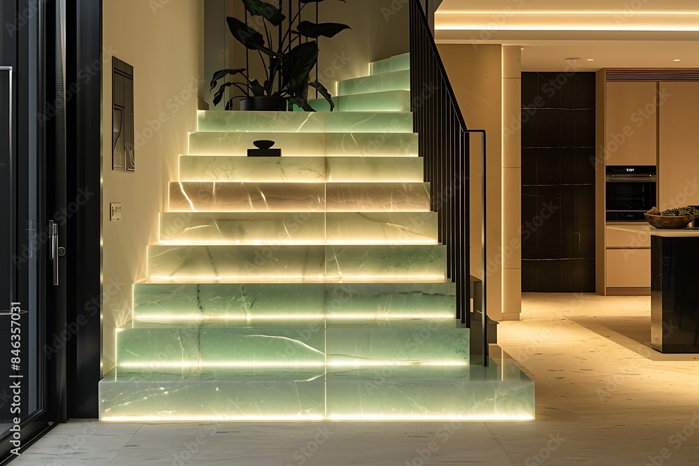Foto de A modern home entrance featuring a staircase with backlit jade ...