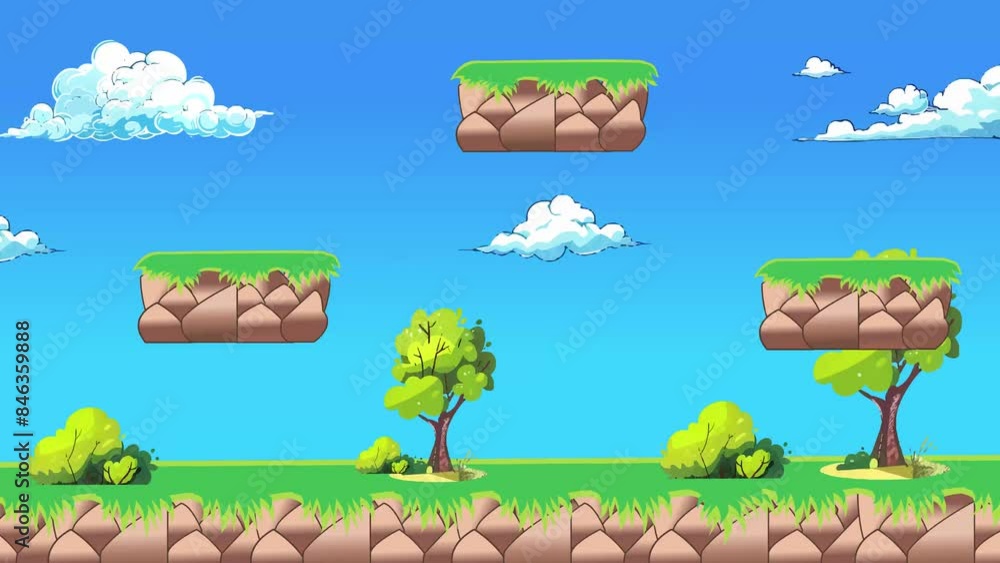 game background. Ground, grass, sky, tree and stars. 2D Game Platform ...
