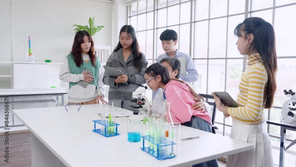 Schoolgirl experimenting with a microscope and record what they see on ...