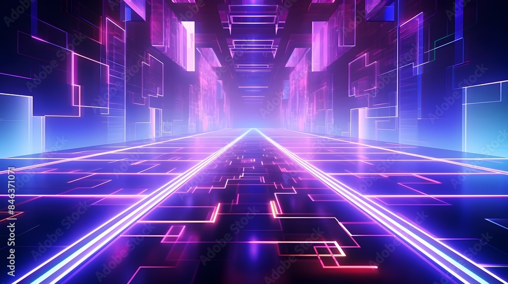 Glowing Neon 3D Abstract Technology Background with Floating Geometric Shapes and Holographic ...