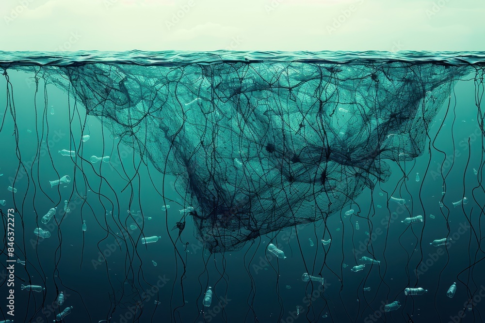 Underwater view of plastic pollution trapped in fishing net ...