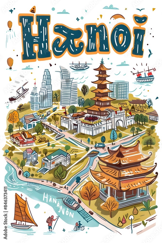 Vibrant Sketchnote Style Travel Map of Hanoi s Iconic Landmarks Stock ...