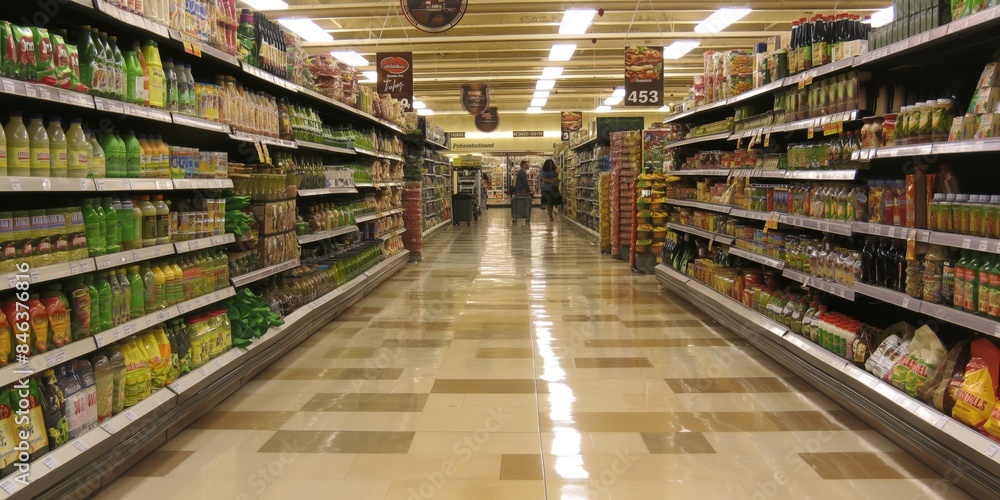 Wide aisle in a grocery store, with shelves stocked full of various ...
