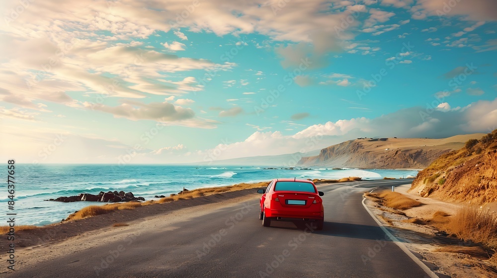 Red car driving in panoramic road landscape by the beach Highway ...
