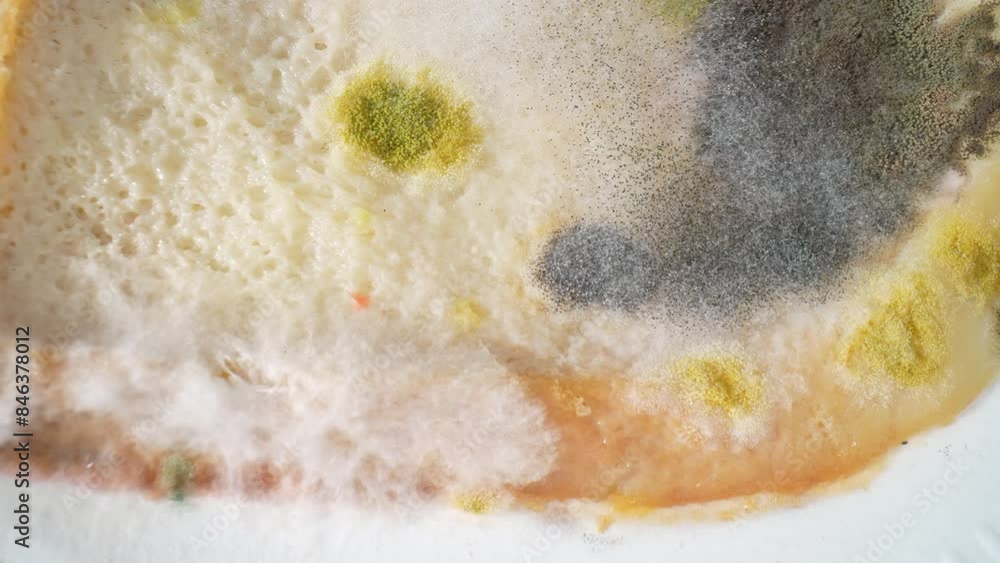 A vibrant palette of mold dances on the canvas of a bread slice ...