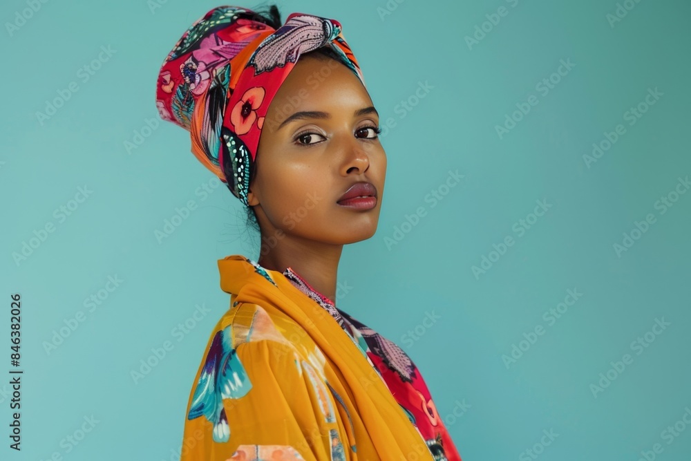 Stylish Somali Woman Posing Elegantly in Summer Outfit on Light Blue ...