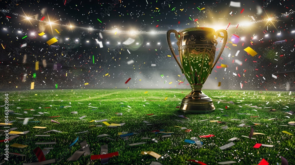 The champion cup stands proudly on a green field at a football stadium ...