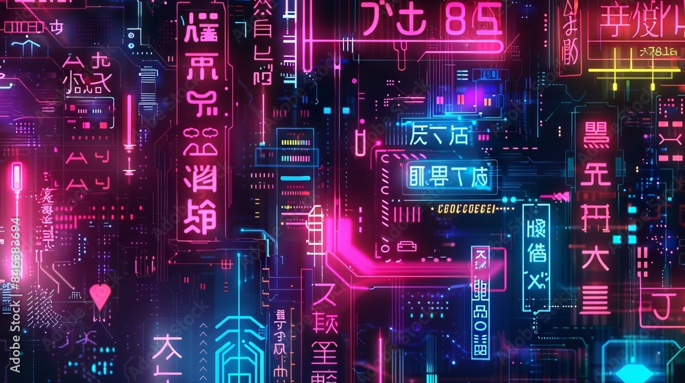 Cyberpunk neon hardware print board pattern, containing Japanese ...