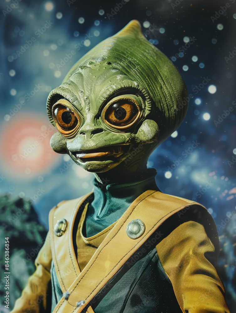 Retro male green space alien with space suit and antennae 1960s color ...