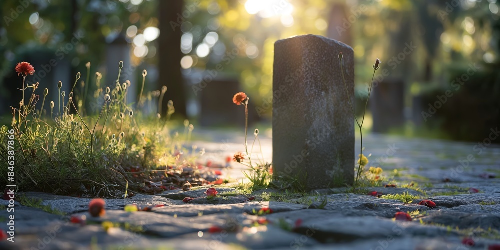 A quiet cemetery scene highlighting a tall tombstone with wild flowers ...