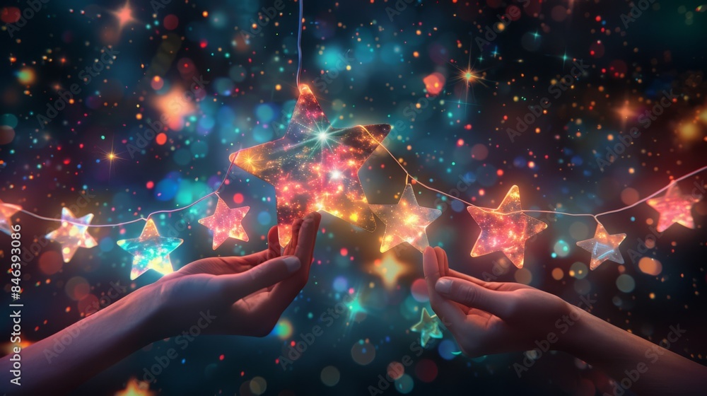 Fantasy glowing star and moon garland held by hands against a black ...