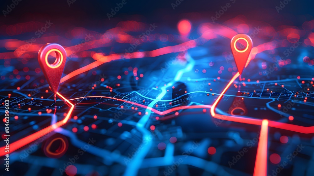 A digital map displaying a location with two pins set, representing AI ...