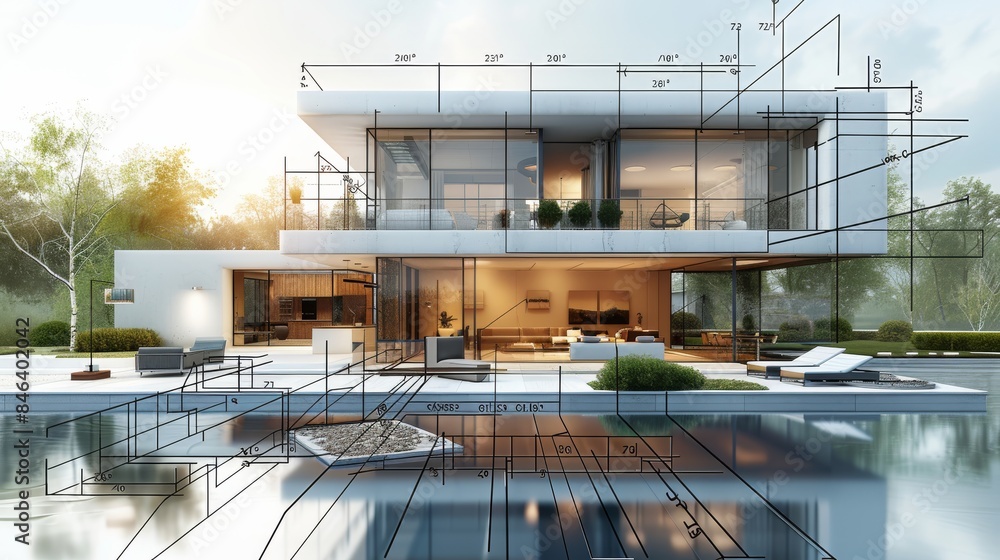 A detailed blueprint of a modern house, showcasing the interior and ...